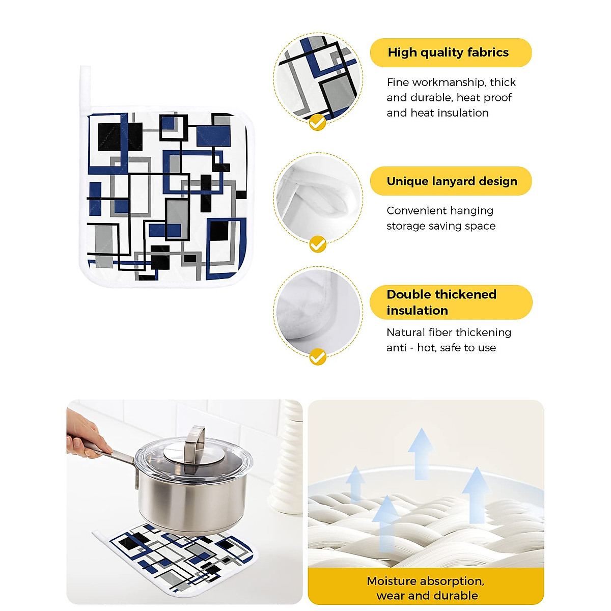 3 Pack Pot Holders for Kitchen,Nordic Royal Blue Checker Stripe Heat Proof Potholder Hot Pads Trivet,Modern Abstract Geometric Washable Coaster Potholders for Cooking Baking Grilling