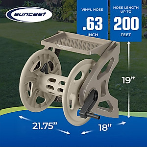 Suncast Handler Durable Hard Plastic Wall Mounted Outdoor Retractable Garden Hose Reel with Storage Tray and 200 Feet Hose Capacity, Taupe