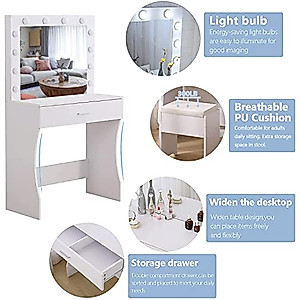 Titoni Vanity Table Set with Lighted Mirror - Makeup Vanity with Lights, Adjustable Brightness, Large Drawer Sturdy Wood Vanity, White 80x40x140cm