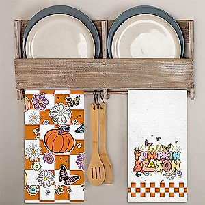 GAGEC Fall Kitchen Towels Retro Pumpkin Season Fall Dish Towels Set of 2, Floral Butterfly Boho Tea Towel 18 x 26 Inch Hand Drying Cloth Towel for Kitchen Home Decoration