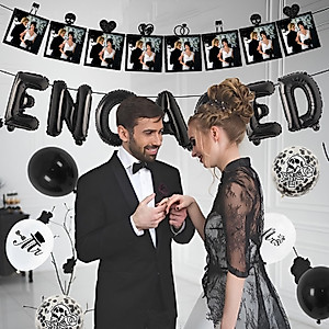 Gothic Engagement Party Decorations Glitter Skull Diamond Ring Photo Banner He Asked She Said Yes Cupcake Toppers Black Engaged Balloon Banner for Wedding Engagement Bridal Shower Party Supplies
