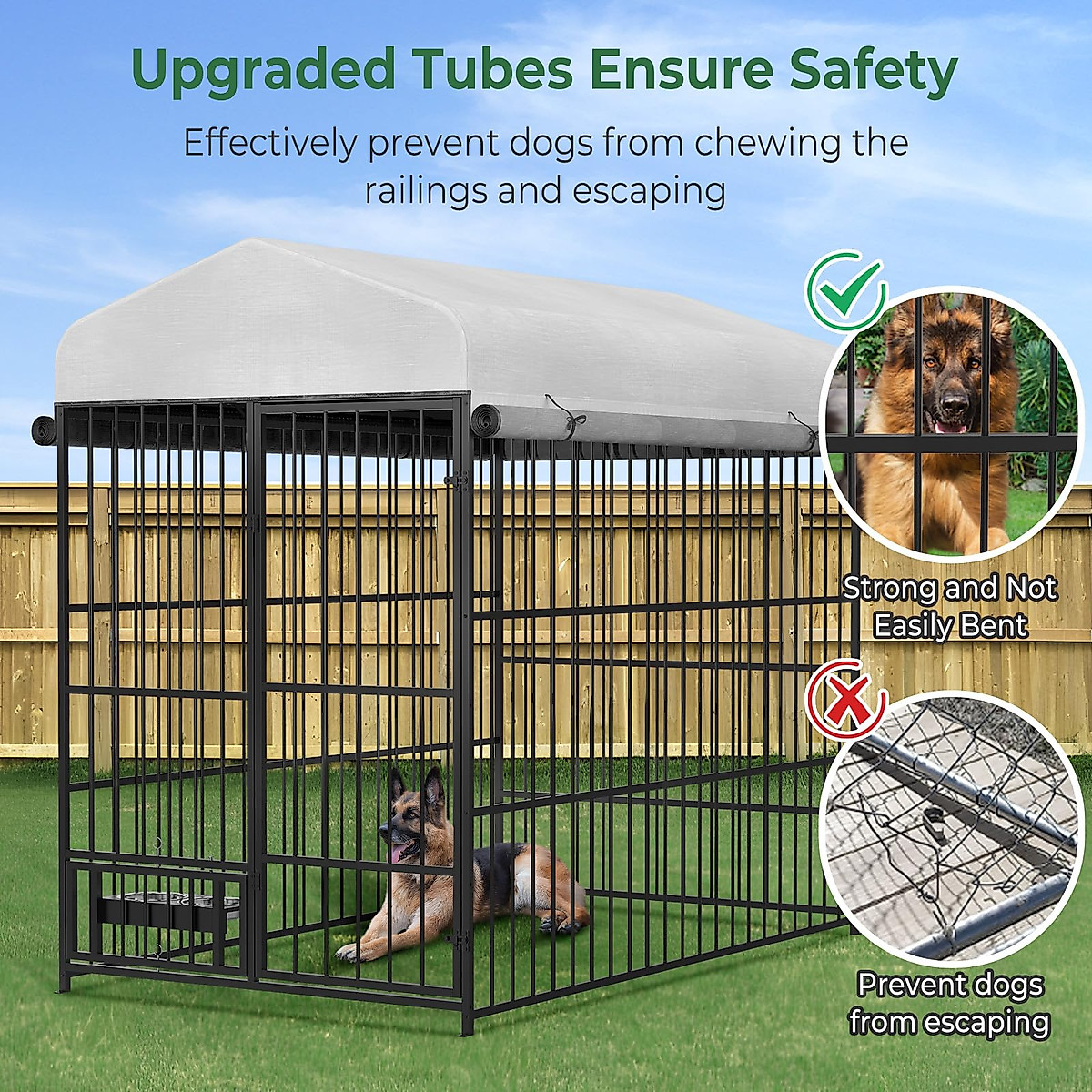 Lyromix Dog Kennel Outdoor with Waterproof Roof and Rotating Feeding Doors, Outdoor Dog Kennel Playpen Crate with Secure Lock and Bowls, Large Heavy Duty Welded Wire Dogs Run Enclosure, 6.6'×3.9'×5.9'