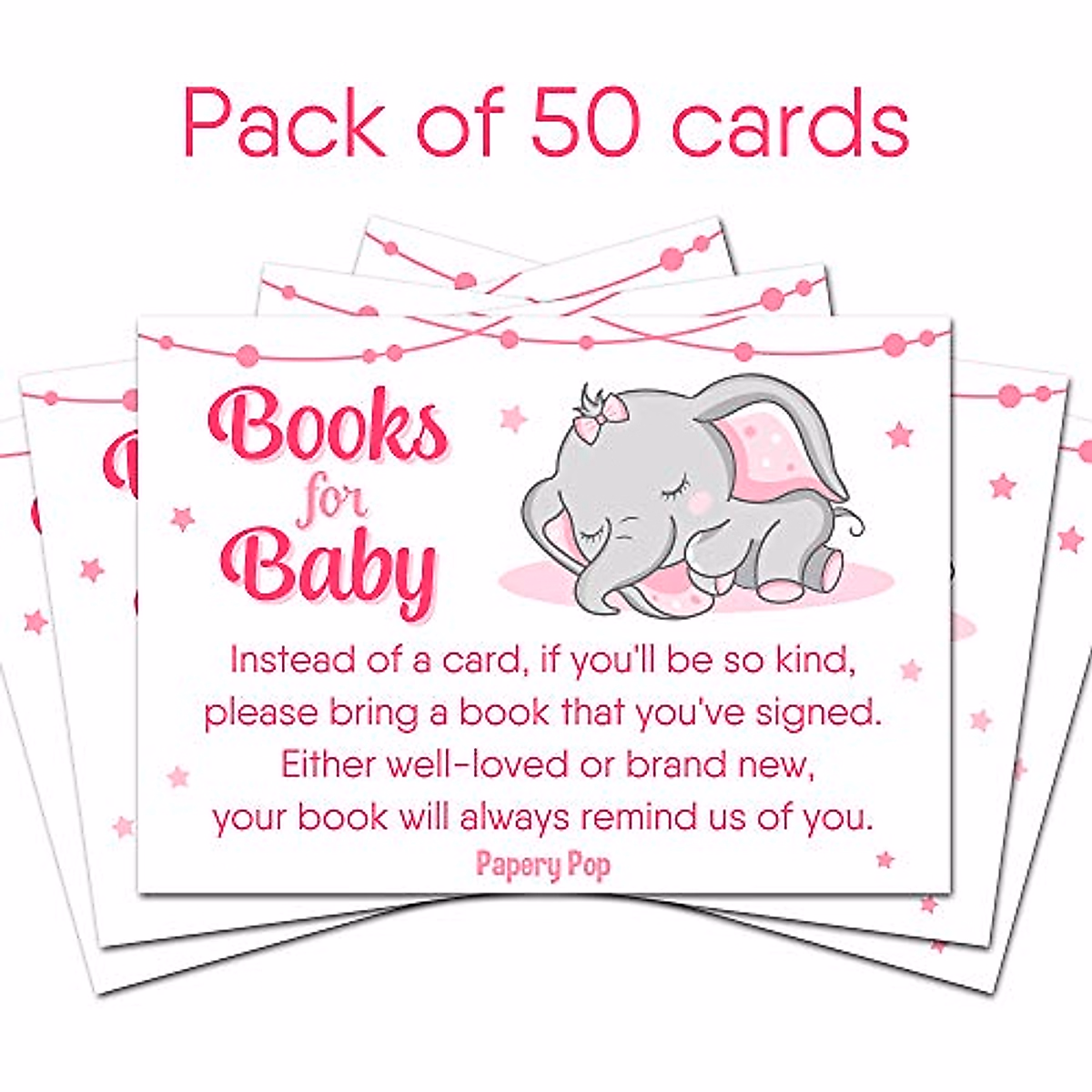 50 Books for Baby Shower Request Cards for Girl (50 Pack) - Elephant - Bring a Book Instead of a Card - Baby Shower Invitations Inserts Supplies