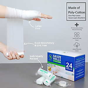 Premium Gauze Rolls - Pack of 24-4" x 4.1 Yards Individually Wrapped, First Aid conforming bandages + Bonus Medical Tape
