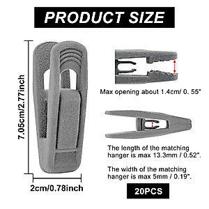 Feelorna 20 Pcs Velvet Hangers Clips, Non-Slip Clothes Hanger Clips Multi-Purpose Hanger Clips Strong Finger Flocked Clips for Pants Skirt Clothes Velvet Hanger (Gray)