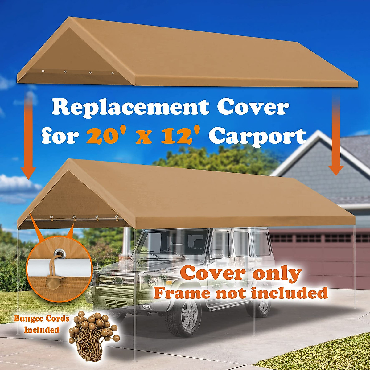 Strong Camel Carport Conopy Cover 12 x 20 Feet Replacement Tent Garage Outdoor Top Tarp Car Shelter with Ball Bungees Tan (with Edge, Frame Not Included)