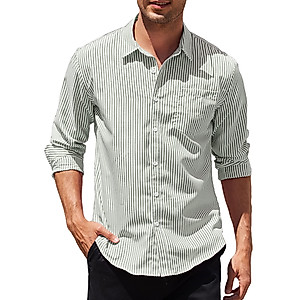COOFANDY Men Striped Button Down Shirts Slim Fit Untucked Shirt Dress Shirt Jackets Light Green