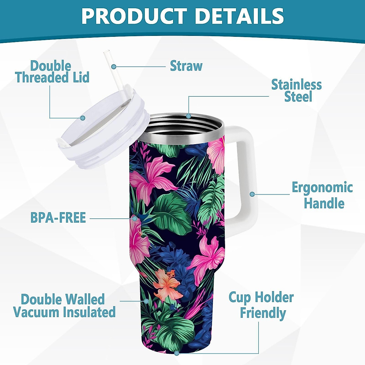 YKZEYK Tropical Floral Hibiscus 40 OZ Tumbler with Handle And Straw Insulated Tumblers Coffee Mug Travel Cup Cups with Lids And Straws Coffee Tumbler