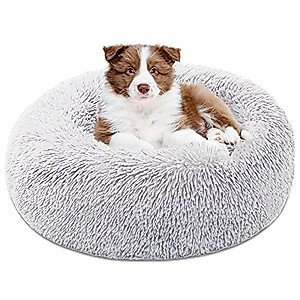 Calming Donut Cat and Dog Bed, Anti Anxiety Cuddler Round Calming Donut for Small/Medium/Large Pets, Machine Wash Puppy Bed Furniture, High Pillow, Provide Warm Indoor Pet Bed (23", Grey)