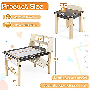 HONEY JOY Kids Art Table and Chair Set, Wooden Drawing Desk and 2 Stools w/Paper Roll, Open Shelf, Toddler Activity & Crafts Table w/Storage Bins, Children Furniture Set for Boys Girls Ages 3+