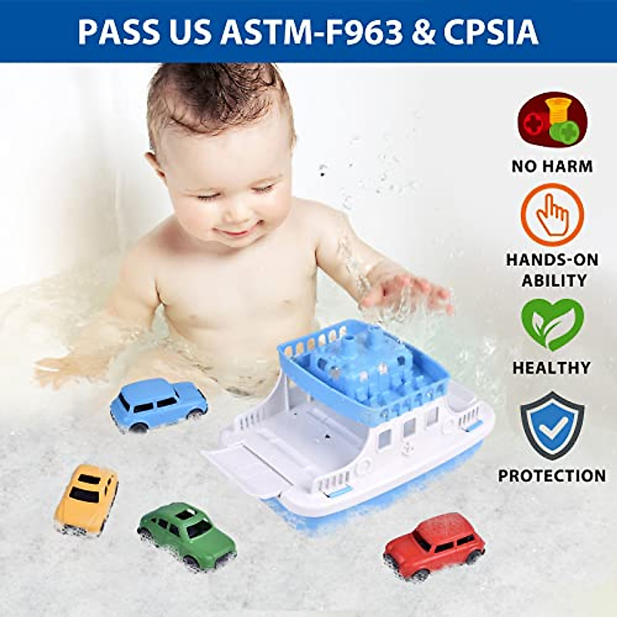 Toy Boat Bath Toys for Toddlers with 4 Mini Car Toys, Kids Water Toys Ferry Boat for Bathtub Bathroom Pool Beach Toys, Birthday Gifts