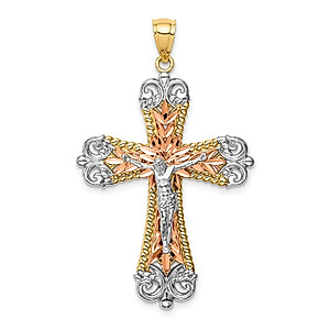 Solid 14k Tri Three Color Gold Cross Pendant Crucifix Charm