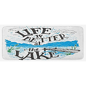 Lunarable Cabin Kitchen Mat, Life is Better at The Lake Wooden Pier Plants Mountains Sketch Art, Plush Decorative Kitchen Mat with Non Slip Backing, 47" X 19", Charcoal Grey