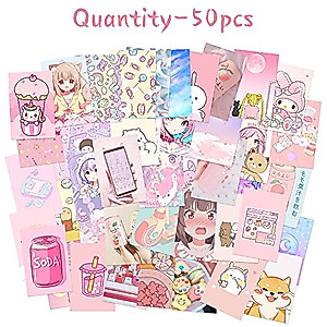 50Pcs Kawai Anime Aesthetic Picture Wall Collage Kit, Pink Cartoon Assembled Print Card Set, Back to School Dorm Photo Poster Display Trendy Style, Sweet Room Decor Cute Collage Kit For Teens Girls Gifts
