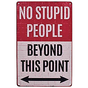 LASMINE Warning No Stupid People Beyond This Point Rustic Metal Tin Sign Wall Decor Art Vintage Metal Sign Garage Signs for Men Home Decor Tin Art Decor Metal Mouse pad 8X12 Inch