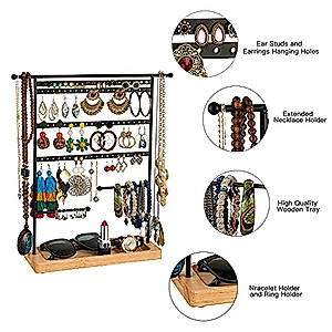 Bielebbi Earring Organizer, Earring Holder Display and Jewelry Holder Stand with 4 Tier Necklace Holder Wooden Tray Suitable for Women Gifts for Girls(Natural)