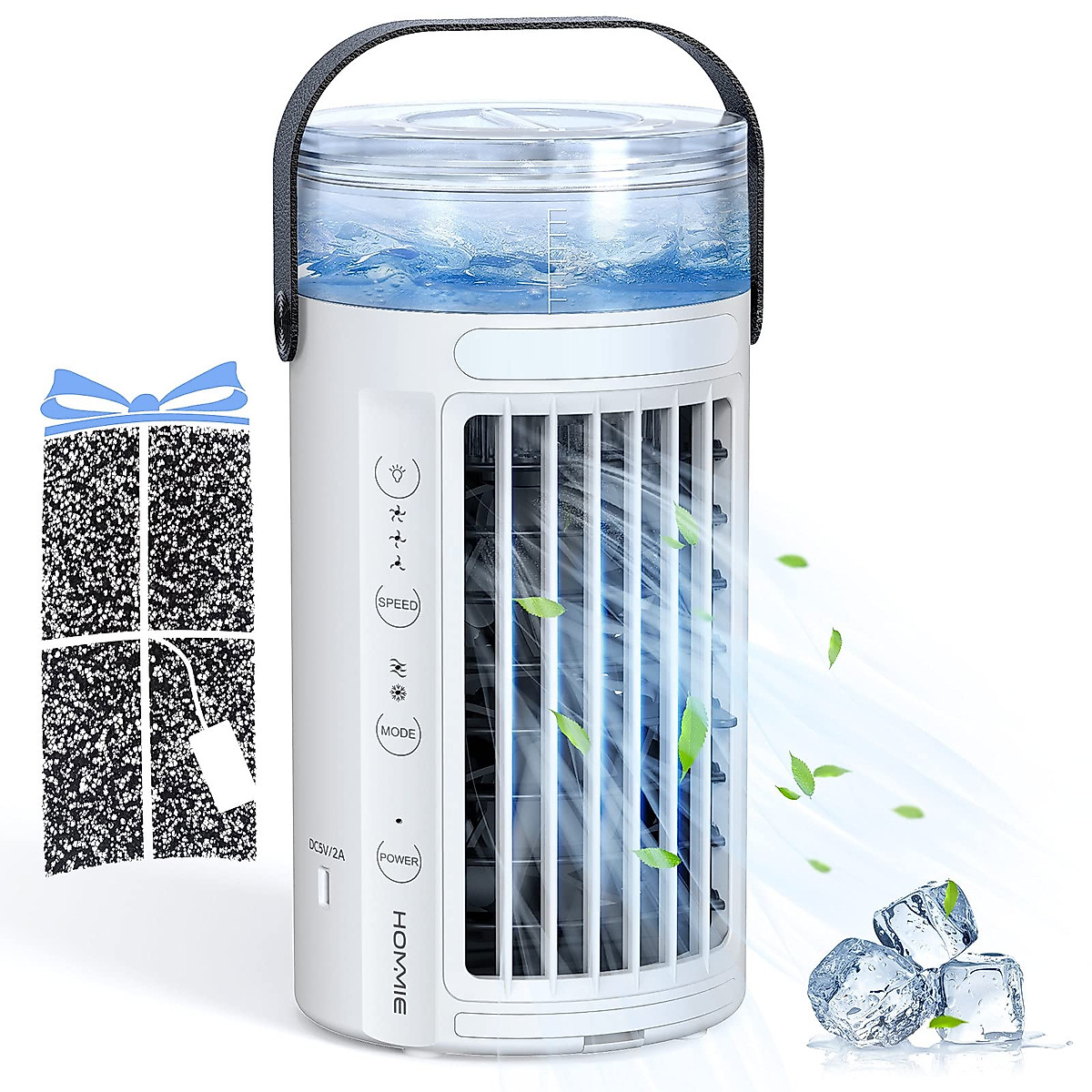 Portable Air Conditioner, Hommie 5 in 1 Personal Mini Air Cooler with 2 Fans, 8 Colors LED Light and 3 Speeds, Small Desk Mini Ac Evaporative Cooler Fanfor Personal Use Small Room