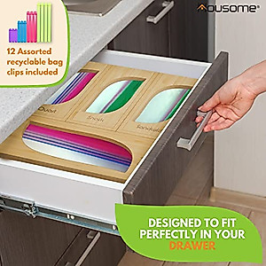 Housome® Bamboo Ziplock Organizer For Drawer-Tidy Your Kitchen With This Ziplock Bag Organizer For Drawer. With 4 Food Bag Compartments, Suitable For Gallon, Quart, Snack And Sandwich Bags Storage
