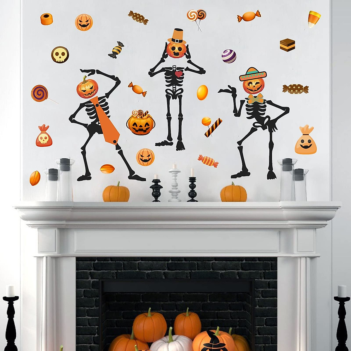 Halloween Skeleton Wall Decal Halloween Wall Stickers Pumpkin Candy Wall Decals Vinyl Halloween Window Clings Peel and Stick for Kids Room Window Halloween Party Decor