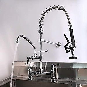 MaxSen Commercial Sink Faucet with Sprayer 8 Inch Center Deck Mount Pre Rinse Faucet 25 Inch Height Restaurant Kitchen Faucet Polished Chrome with Pot Filling and 8 Inch Add On Spout.