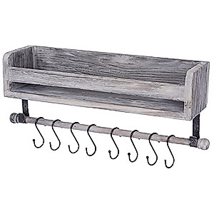 Satauko Wooden Floating Shelves with 8 Hooks for Kitchen Spice Rack, Wall Mounted Shelf with Towel Bar for Bathroom Organizer, Wall Hanging Book Shelves for Nursery Storage.(Grey)