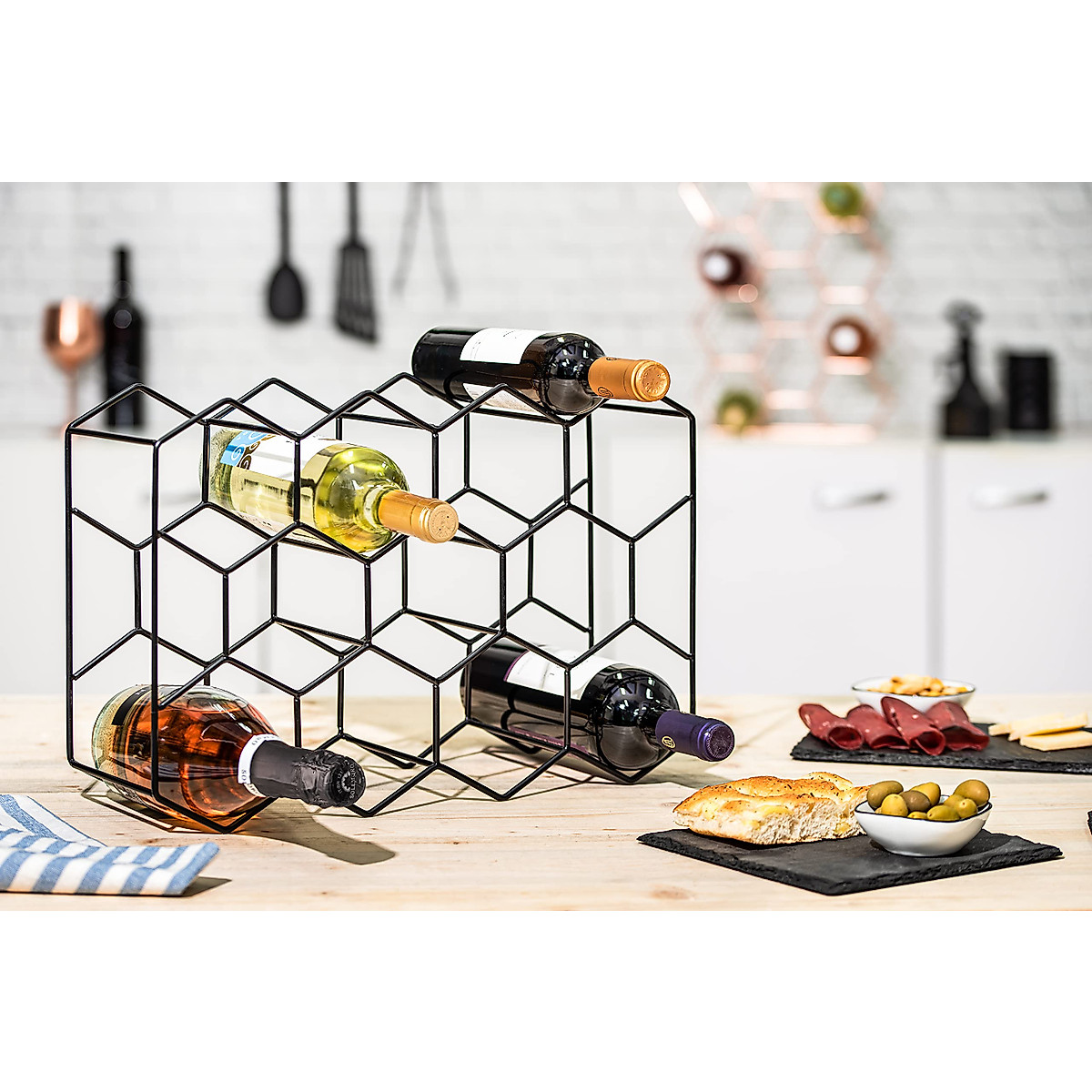 Gusto Nostro Countertop Wine Rack - 14 Bottle Freestanding Modern Black Metal Small Wine Rack - 3 Tier Tabletop Wine Holder Stand for Cabinet, Pantry, Wine Bottle Storage - No Assembly Required