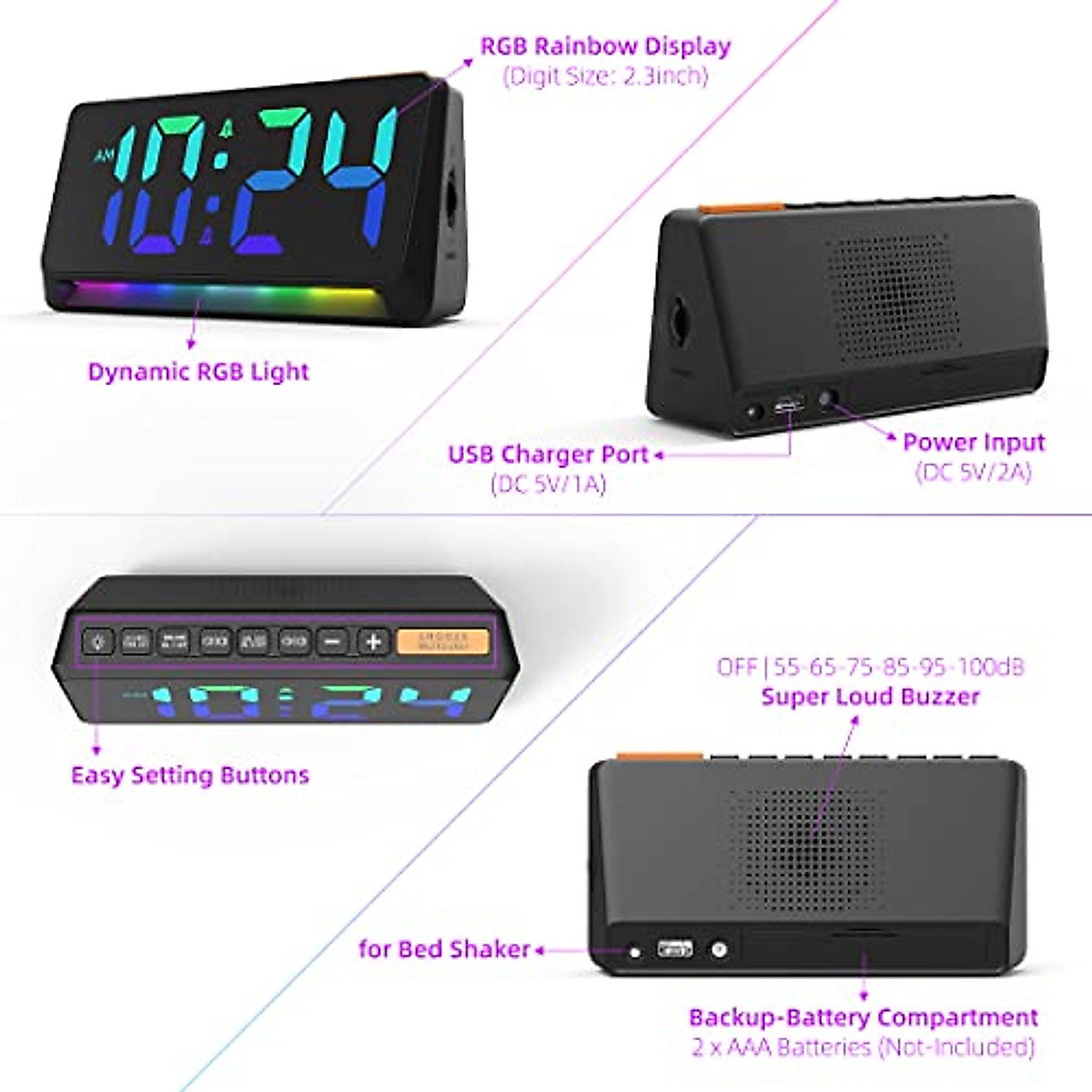 Super Loud Dual Alarm Clock with Ultrathin Bed Shaker, 99dB Loud Buzzer, Large RGB Rainbow Display, LED Night Light, USB Charger Port, Bedside Vibrating Alarm Clock for Heavy Sleepers, Adults, Bedroom