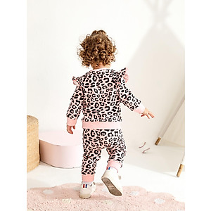 2pcs Baby Girl Leopard Print Ruffle Trim Long-sleeve Pullover and Sweatsuit Pants Clothes Set (6-9 Months) Pink