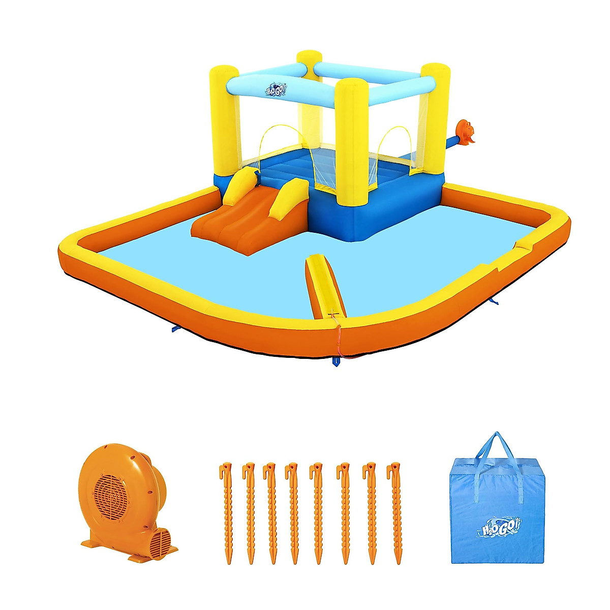 Bestway H2OGO! Beach Bounce House Kids Outdoor Inflatable Water Slide Park with Water Wall, Ground Stakes, Storage Bag, and Air Blower for Quick Setup