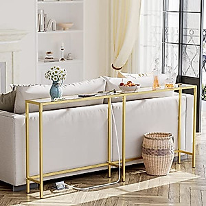 HOOBRO Gold Console Table, 70.9" Tempered Glass Sofa Table, Modern Extra Long Entryway Table with USB Ports, Behind Couch Table for Entryway, Hallway, Foyer, Living Room GD18UXG01