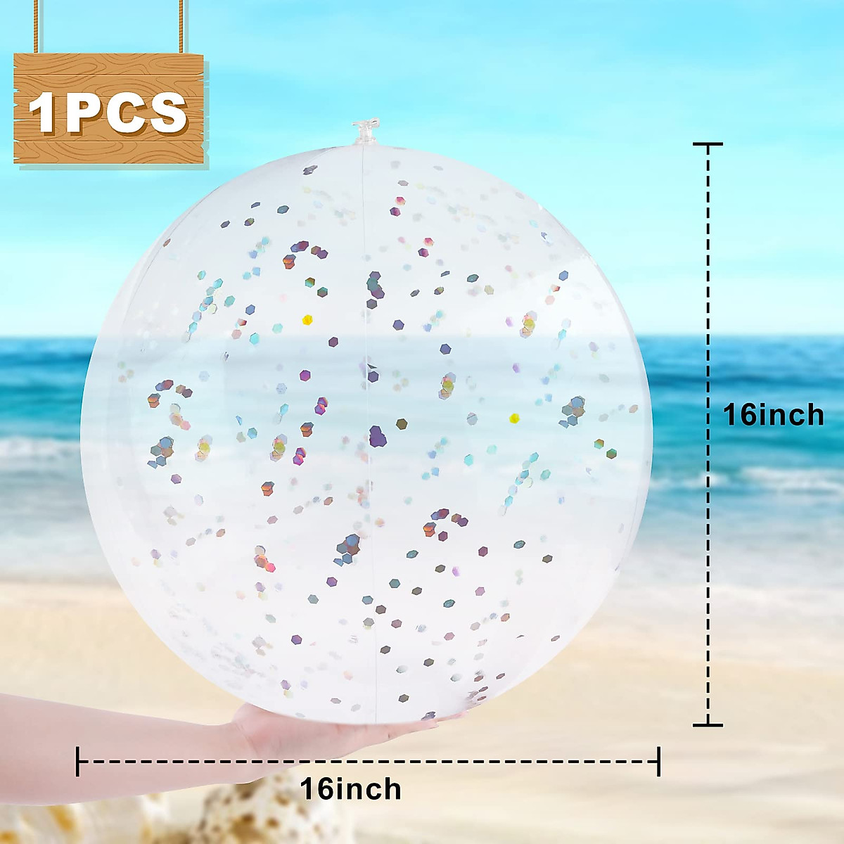 AMOR PRESENT Beach Balls, 16 Inch Glitter Beach Balls Conffeti Pool Toys for Kids Summer Pool Party Beach Volleyball Vacation, Silver