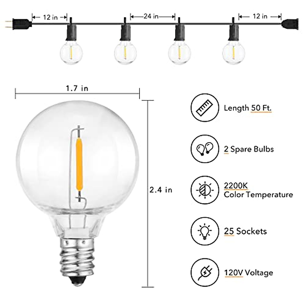 Brightown Outdoor String Lights 50FT- LED String Lights G40 Globe Patio Lights Energy Saving with 25 LED Bulbs, Shatterproof Hanging Outdoor Lights for Christmas Outside Garden Backyard Cafe