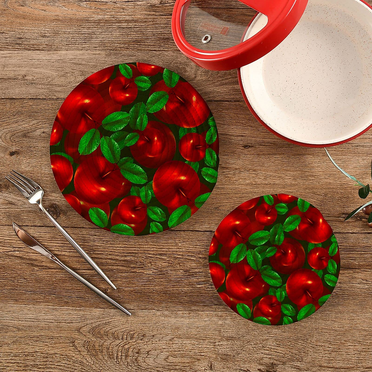 Kitchen Pot Holders Set Round Cotton Potholders Hot Pads, Hot Mats Red Apple for Hot Dishes Pot Bowl Teapot