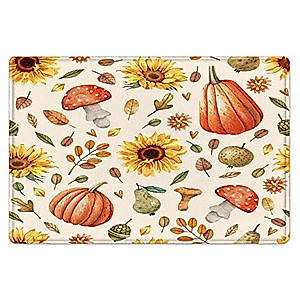 HVEST Fall Shower Curtain and Bathroom Rugs, Pumpkin Sunflower Autumn Leaf and Mushroom on Beige Shower Curtain with Bath Mat, 72X72 inches Farmhouse Fall Thanksgiving Bathroom Shower Curtain Set