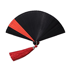 NA Chinese Style Full Bamboo Fan Women Japanese Antique Black Folding Fan Small Hanfu Dance Fan Easy Closure (Black Clip Red), 18CM