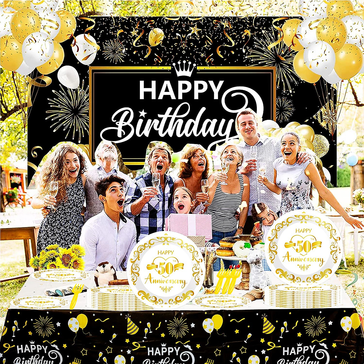 75 Pcs 50th Anniversary Wedding Party Supplies,50th Anniversary Wedding Party Tableware Set 7" 50 Years Golden Paper Plates Fork Fifty Anniversary Party Decorations 50th Brithday Party Decorations