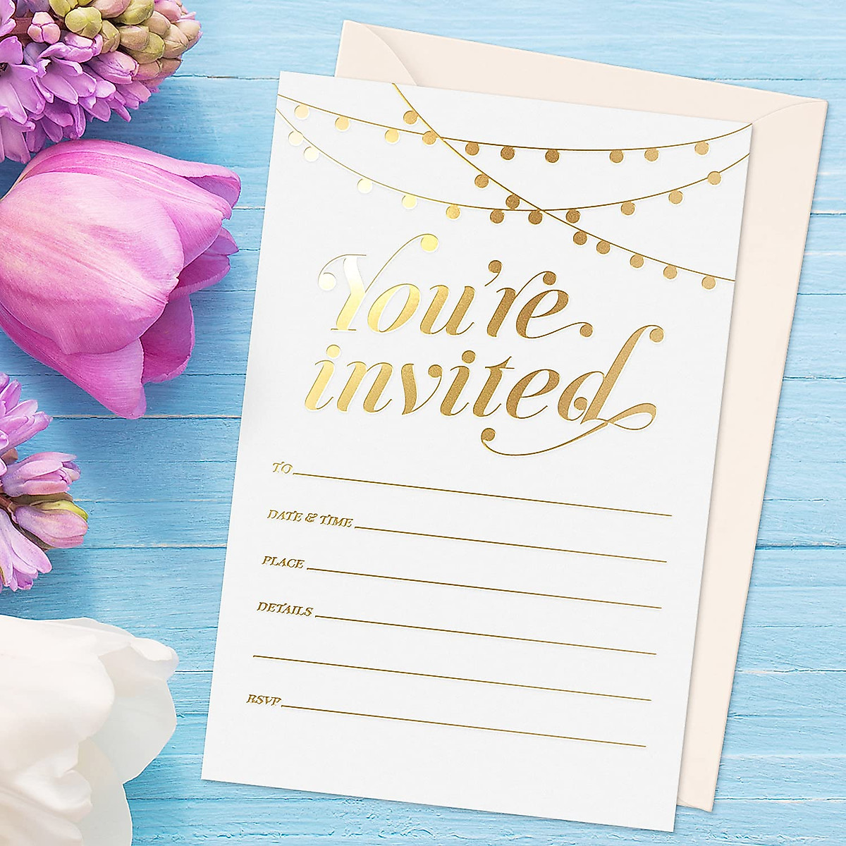 S&O Party Invitations! 25 Gold Foil Traditional Invitations with Envelopes, Wedding, Baby and Bridal Shower Invite, Housewarming Birthday and Girls Quinceanera Invitation Cards - 4x6"