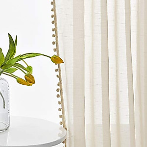 Treatmentex Pom Pom Linen Sheer Curtains for Living Room 63 inches Length Slub Textured Natural Farmhouse Window Sheers Drapes 52" w x 2 Pack, Rod Pocket