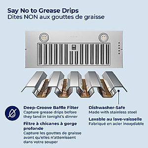 Hauslane Insert 30 Inch, Hood Vent for Kitchen | Low Noise Performance, Diswasher - Baffle Filters, LED Lamps, Stainless Steel Ductless Range Hood, Kitchen Range Hood 11.25” Deep