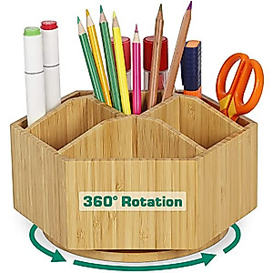Bamboo Rotating Art Supply Organizer - Darfoo Office Desk Organizers, Colored Pencil Holder with 7 Sections, Home School Supplies Organizer and Storage for Pen Pencil Crayon Marker and Craft Supplies