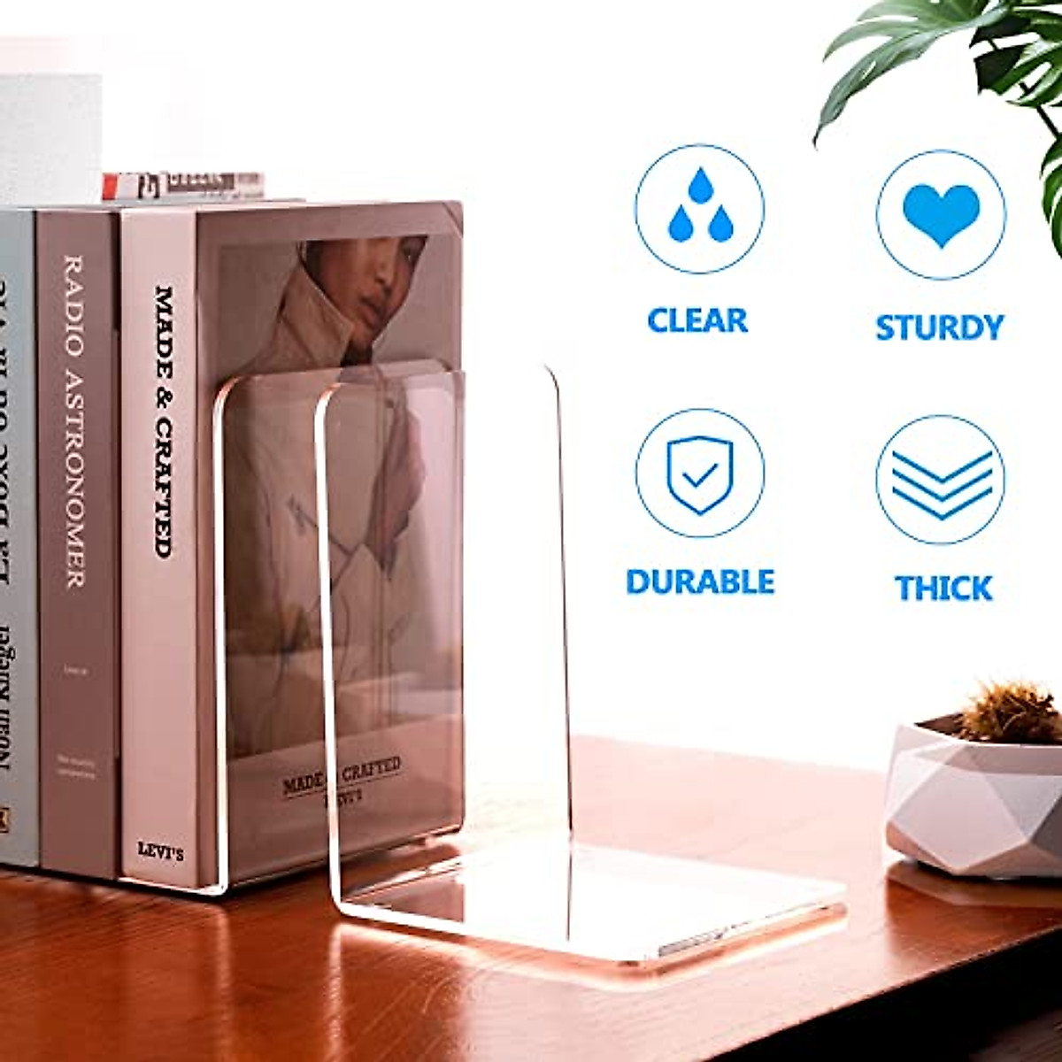 (Bundle of 2 Sets) MaxGear Book Ends Clear Acrylic Bookends for Shelves, Non-Skid Bookend, Heavy Duty Book End, Book Holder Stopper for Books/Movies/CDs/Video Games, 7.3 x 5.5 x 5.1 in, (2 Pairs)