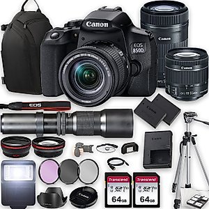 Canon EOS 850D (Rebel T8i) DSLR Camera w/EF-S 18-55mm f/3.5-5.6 III + EF-S 55-250mm f/4-5.6 is STM + 500mm f/8 Focus Lenses + 2X 64GB Memory + Case + Filters + Tripod + More (35pc Bundle)
