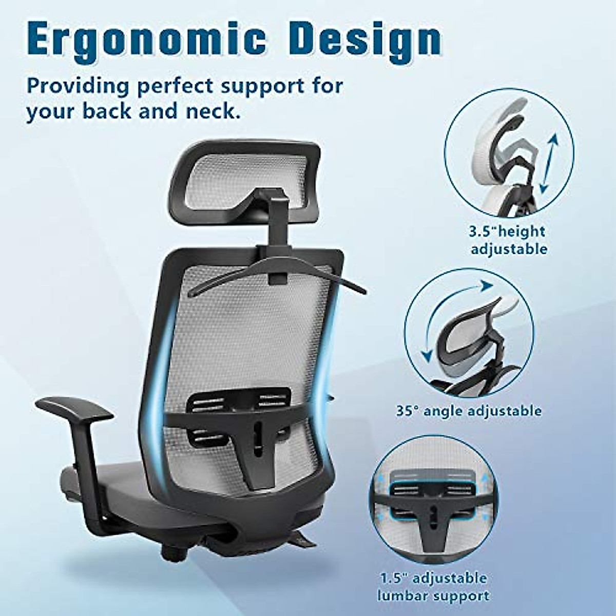 Furmax Ergonomic Office Chair, High Back Desk Chair with Adjustable Headrest, Lumbar Support and Armrests, Mesh Computer Chair with Clothes Hanger (Gray)