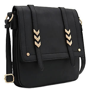ALYSSA Double Compartment Large Flapover Crossbody Bag with Colorblock Straps (Black/Brown)