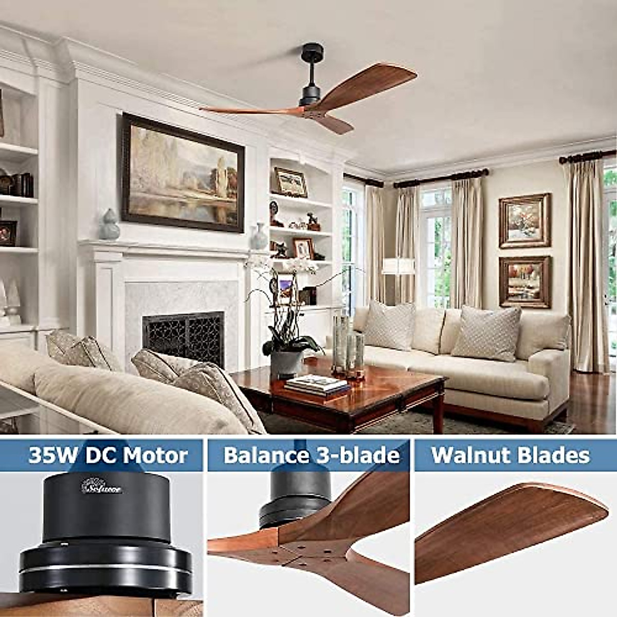 ReLa Mall 52in Ceiling Fan with Remote Control, Indoor Outdoor, Black Ceiling Fan No Light, Walnut Wood Blades, Reversible Motor for Bedroom Patios Kitchen Living Room Farmhouse