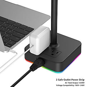 KAFRI RGB Headphone Stand with USB Charger Desk Gaming Headset Holder Hanger Rack with 2 USB Charging Ports and 2 Outlet - Suitable for Gamer Desktop Table Game Earphone Accessories Boyfriend Gift