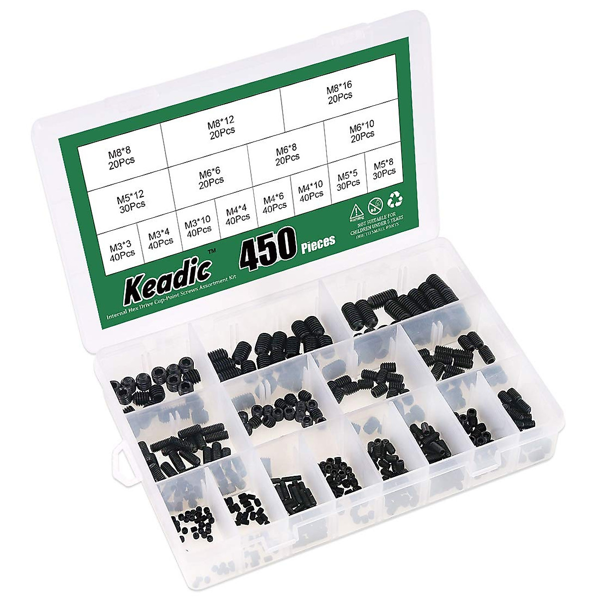 Keadic 450Pcs Internal Hex Drive Cup-Point Screws Assortment Kit, 15 Sizes Alloy Steel Hex Socket Set Cap Point Grub Screws, Socket Head Cap Screws Grub Screws, Metric, Black (M3 M4 M5 M6 M8)