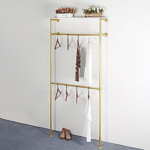 OUBITO Industrial Pipe Clothing Rack,Commercial Grade Pipe Clothes Racks,Heavy Duty Wall Mounted Closet Storage Rack,Hanging Clothes Retail Display Rack Garment rack,Gold 1 Board With Crossbar