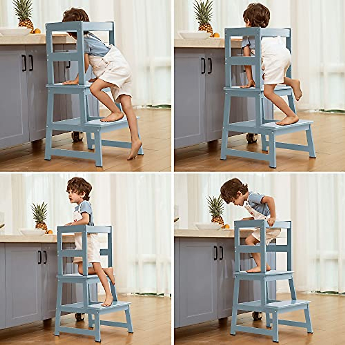Kitchen Step Stool for Toddlers and Kids with Safety Rails for Kitchen Counter Solid Wood (Baby Blue)