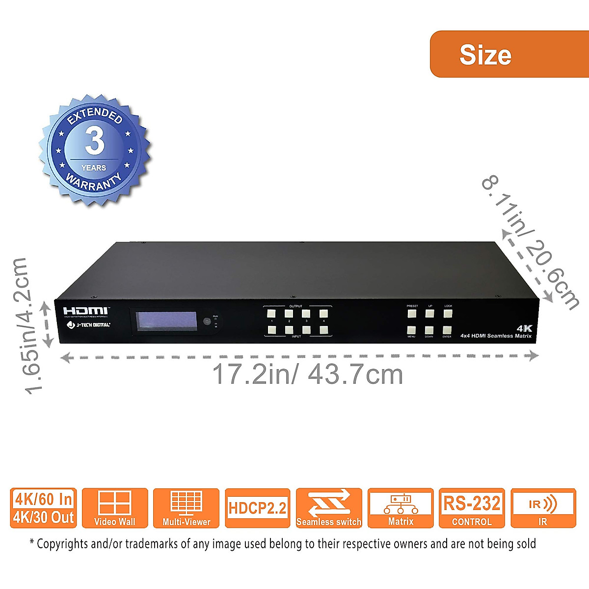 J-Tech Digital 4k 2X2 Video Wall Controller Multiviewer Seamless Matrix 4K@60Hz Input 4K30Hz Output HDCP 2.2 [JTECH-VWM04]